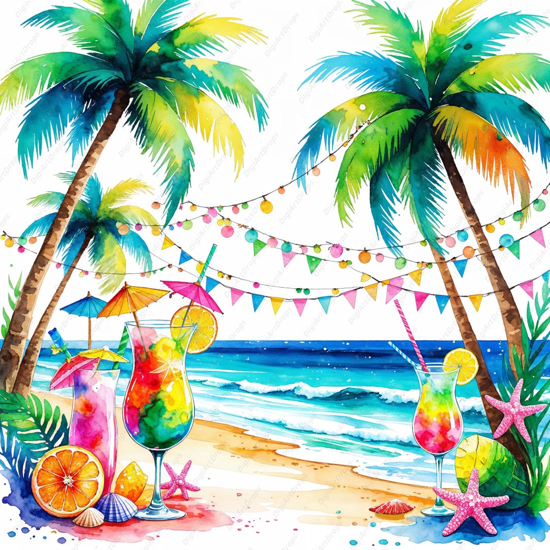 Watercolor Beach Party Clipart: Tropical Palm Trees & Drinks (jpgs) - Etsy