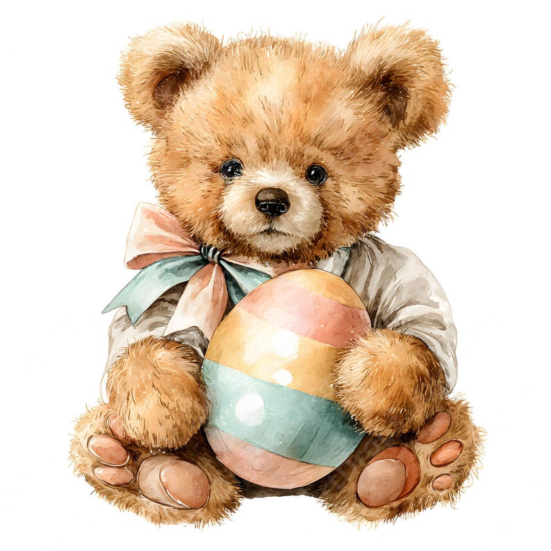 Watercolor Easter Teddy Bear Clipart, Pastel Easter Egg Illustration ...