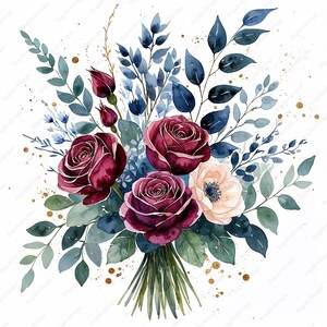Burgundy Rose Bouquet Watercolor Clipart: Elegant Fall Wedding ...