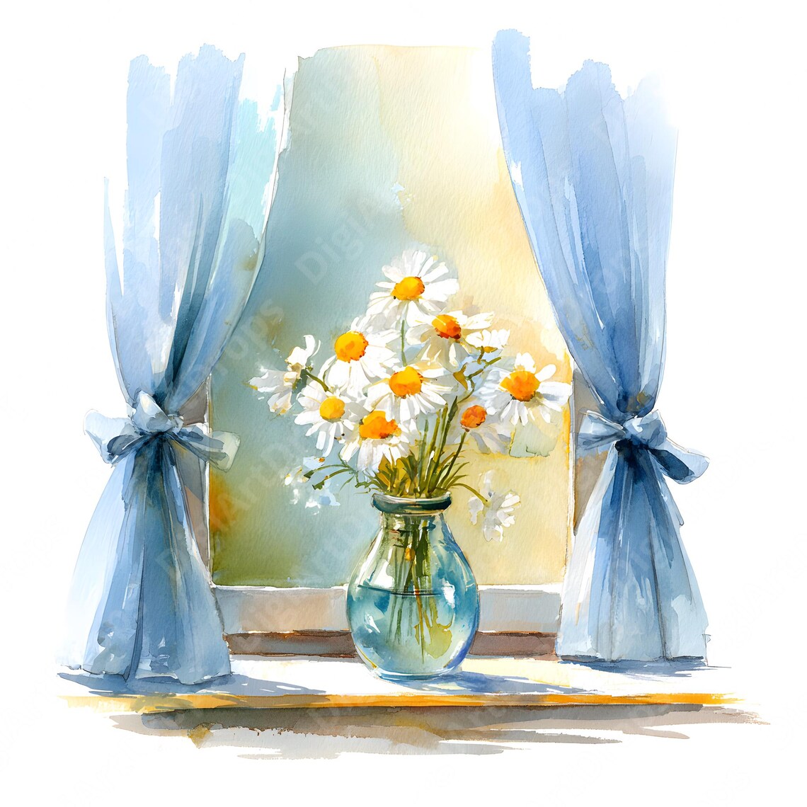 Coquette Window Clipart Set: Watercolor Daisies, Pastel Bow Curtains ...