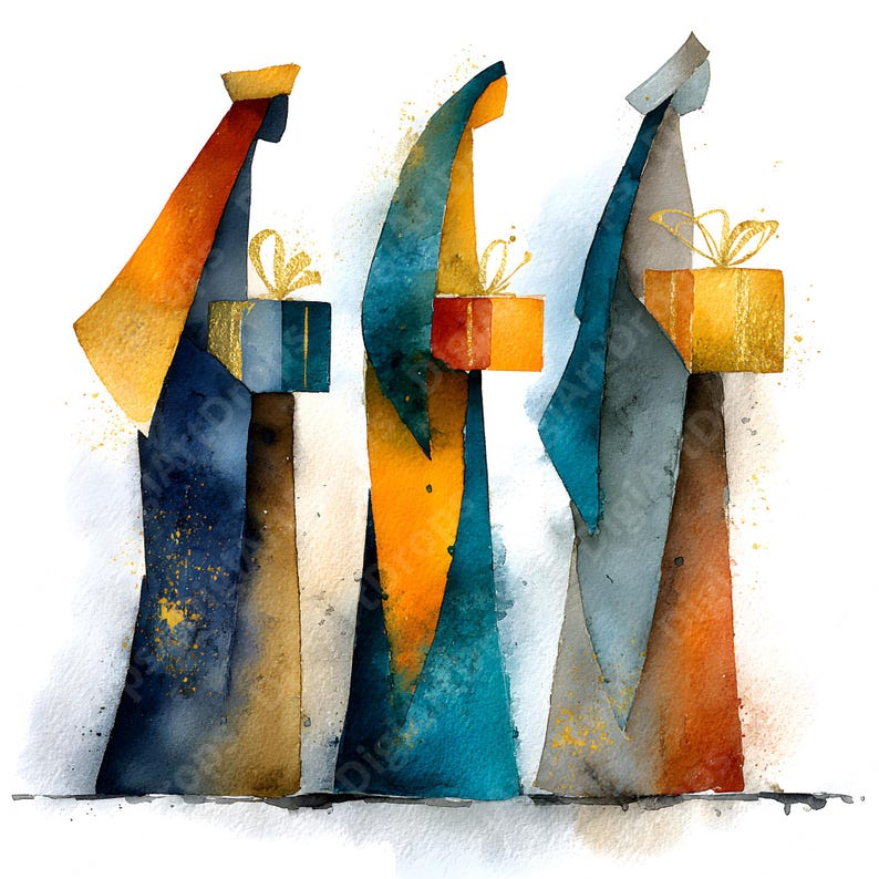 Three Wise Men Clipart — Watercolor Silhouette Magi With Gold Gifts ...