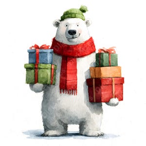 Watercolor Polar Bear Christmas Clipart: Santa's Helper (digital ...