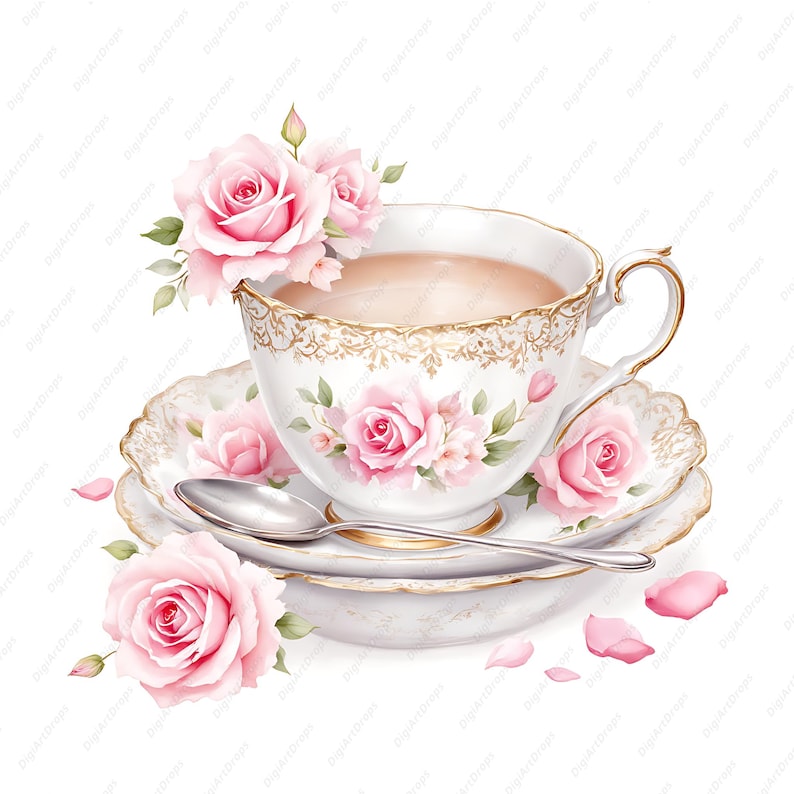 Shabby Chic Clipart, Watercolor Teacups, Pink Rose Floral, Tea Party ...
