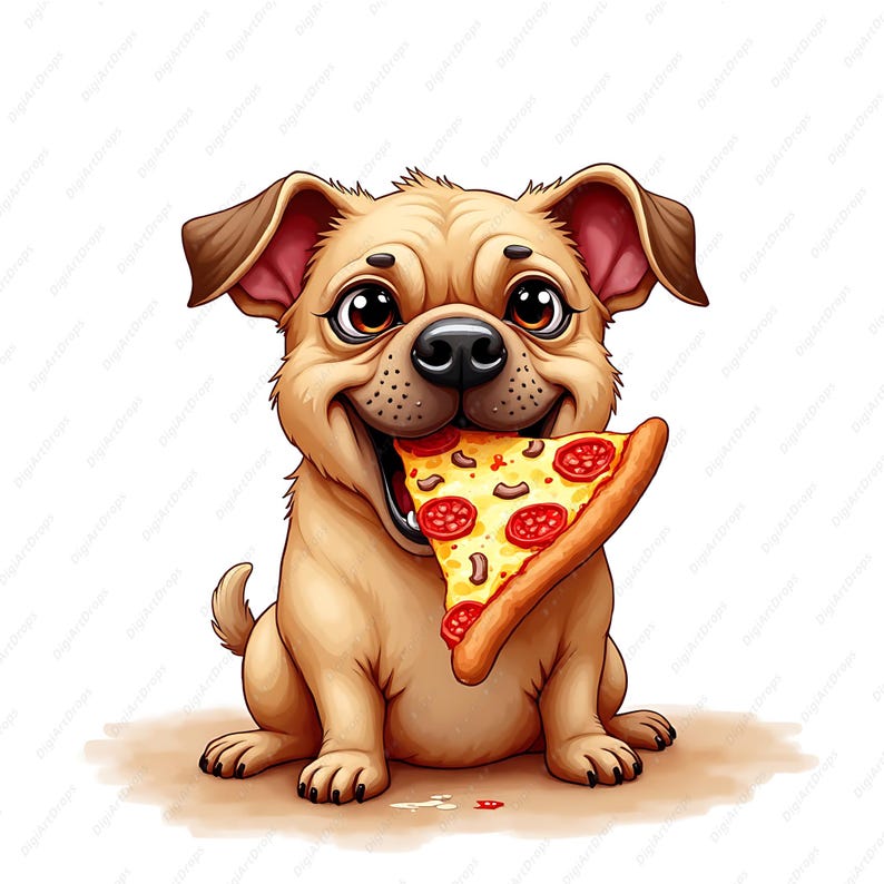 Funny Dog Eating Pizza Clipart: Humorous Pet JPG Illustrations ...