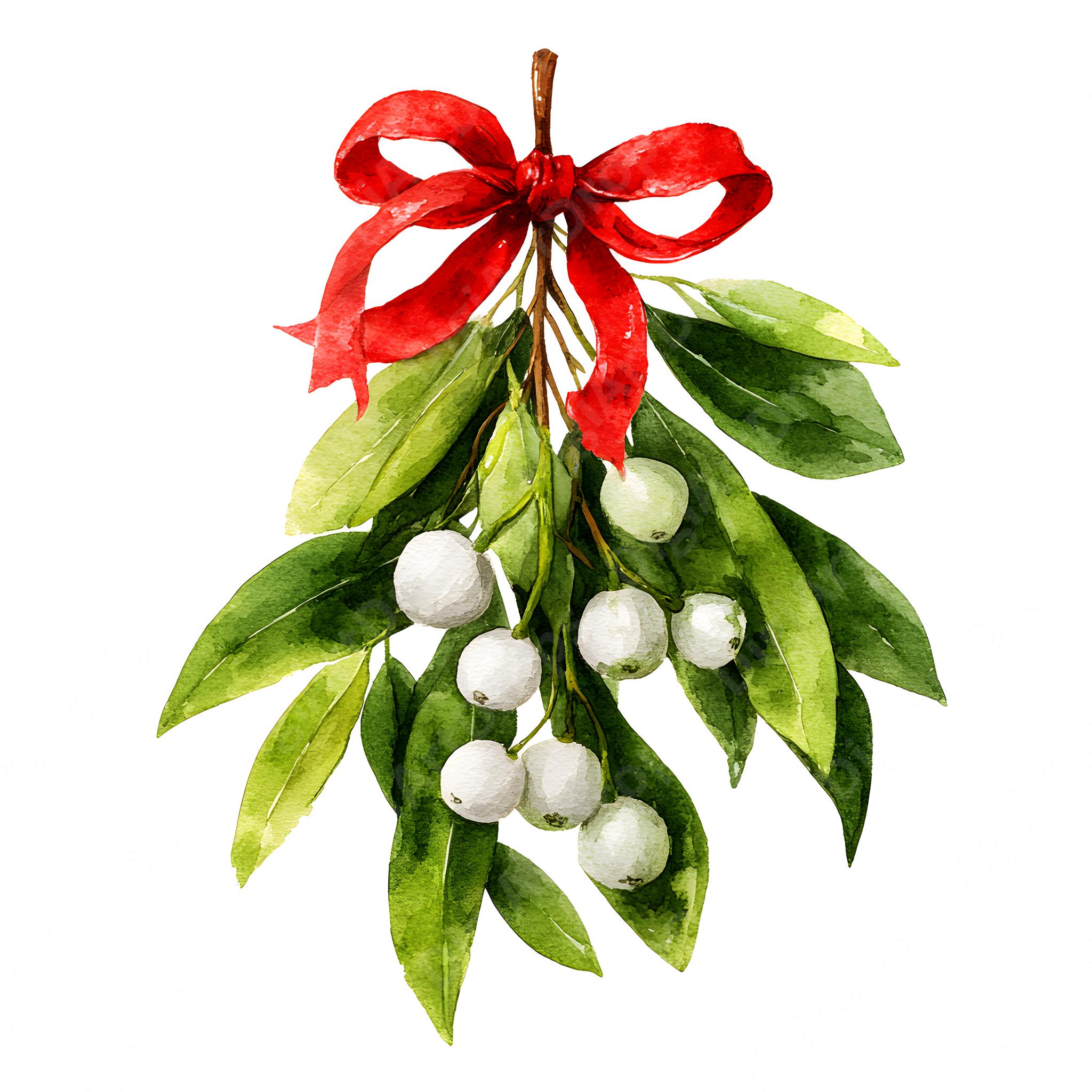 Watercolor Mistletoe Clipart - Christmas Greenery, Red Bow, White ...