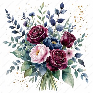 Burgundy Rose Bouquet Watercolor Clipart: Elegant Fall Wedding ...