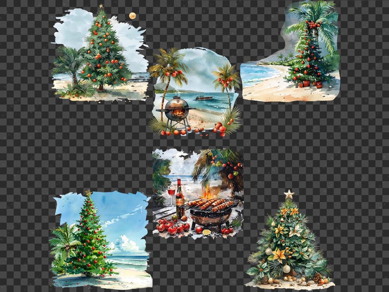 Beach Christmas Clipart Bundle: Santa Surfing, Tropical Holiday (PNG ...