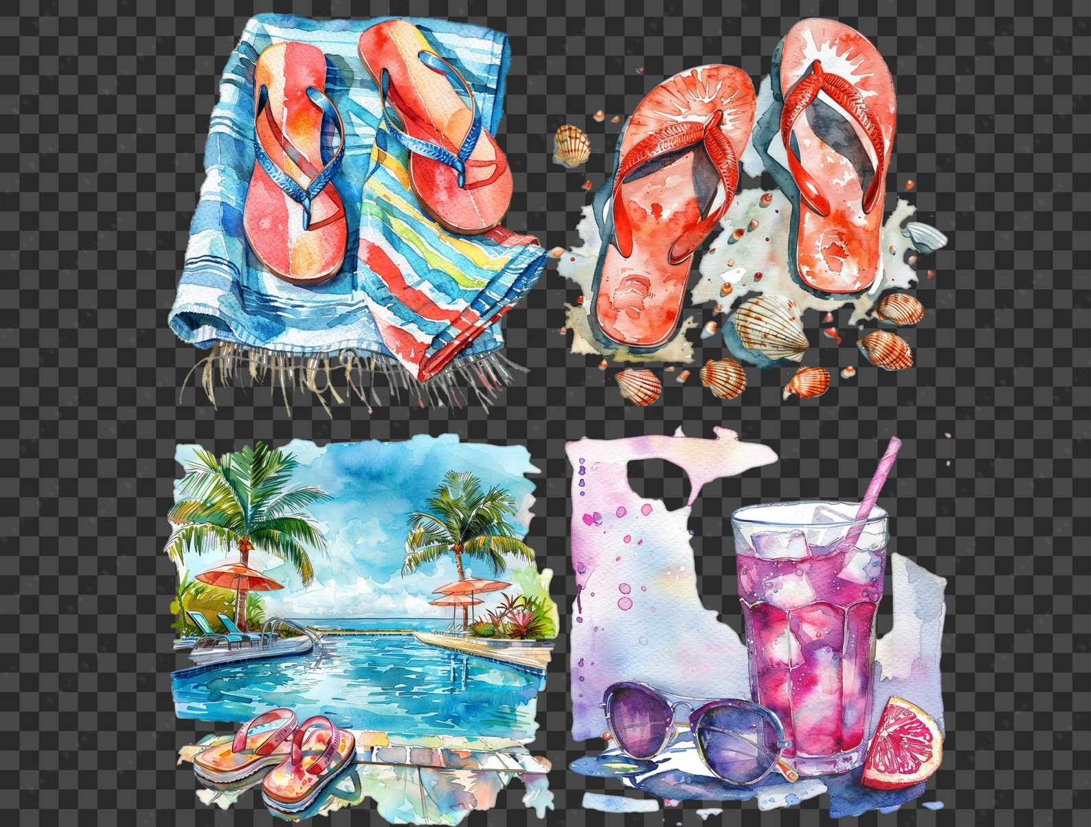 Summer Vacation Clipart Bundle: Beach Cocktails & Flip Flops (15 PNG ...