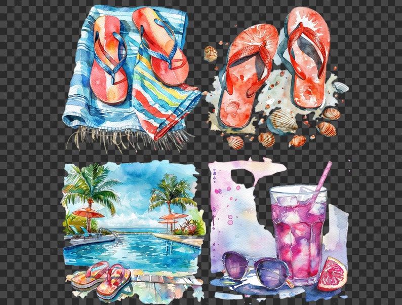 Summer Vacation Clipart Bundle: Beach Cocktails & Flip Flops (15 PNG ...