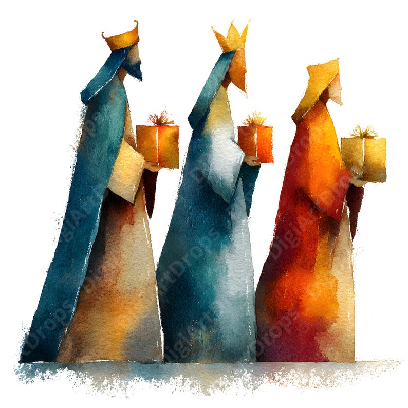 Three Wise Men Clipart — Watercolor Silhouette Magi With Gold Gifts ...