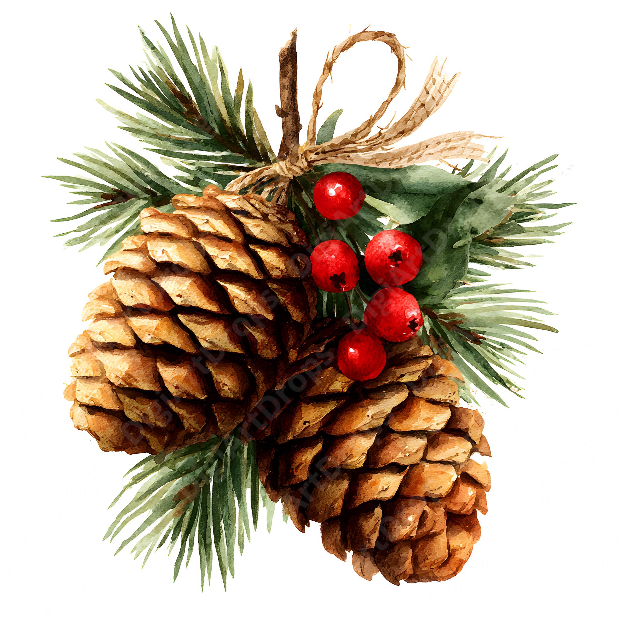 Christmas Pinecone Clipart - Watercolor Fir & Berry Bundle - Holiday ...