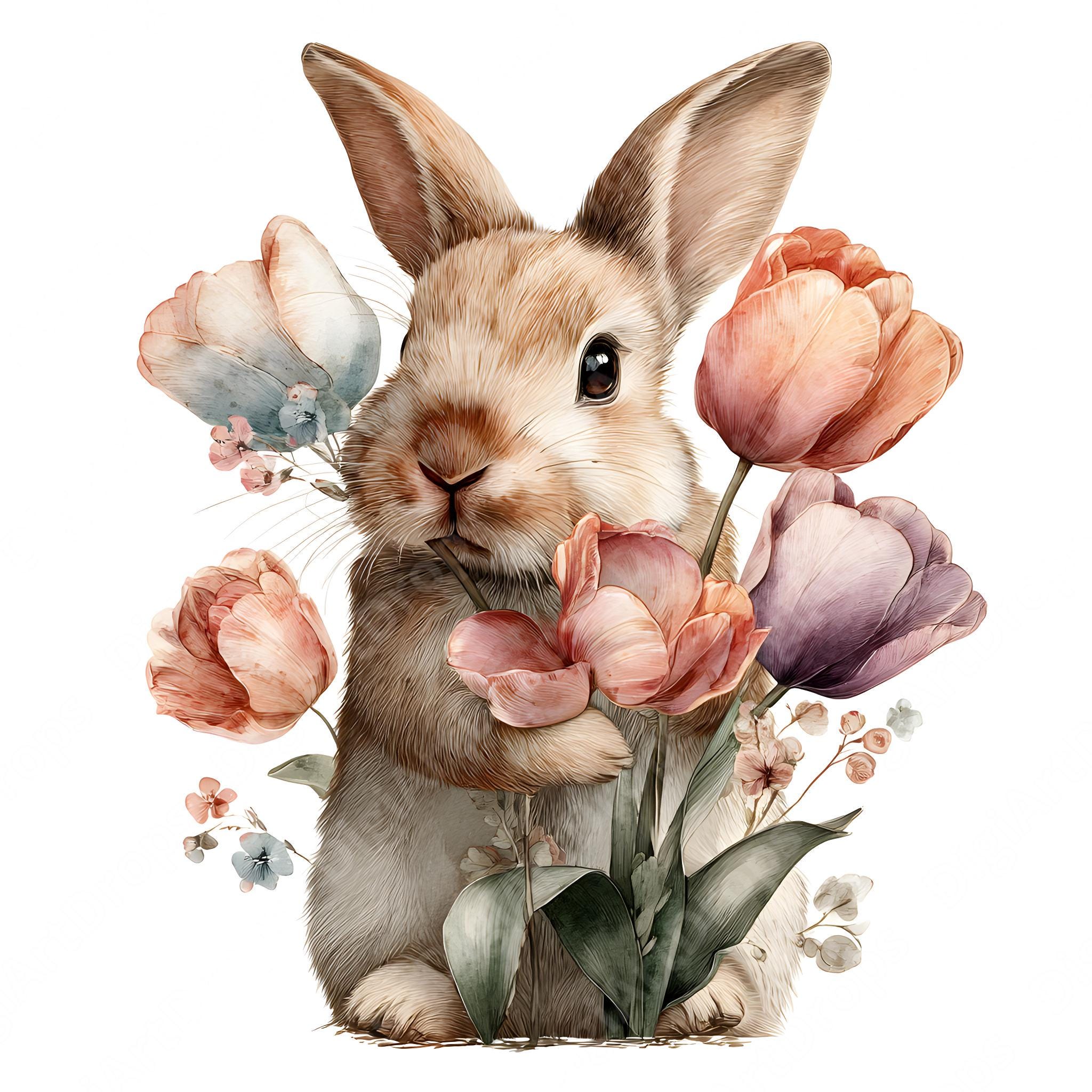 Bunny With Tulips Watercolor Clipart (digital Download) - Etsy