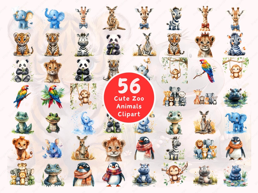 Cute Zoo Animals Clipart Bundle Wild Wonders Baby Lion Giraffe Elephant ...