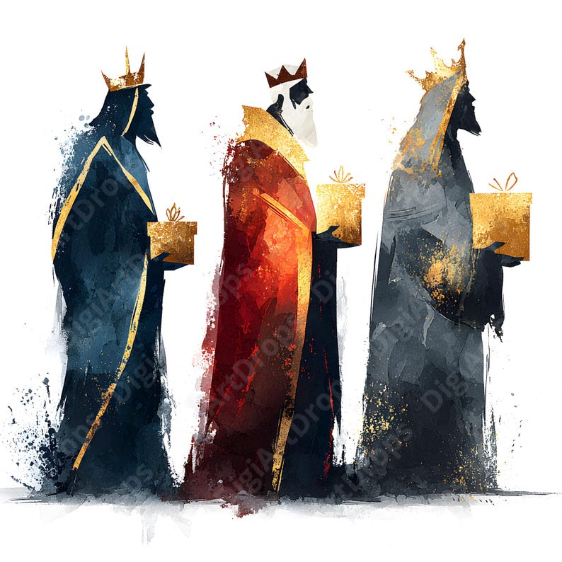 Three Wise Men Clipart — Watercolor Silhouette Magi With Gold Gifts ...