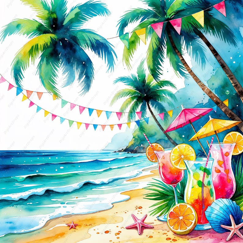 Tropical Watercolor Beach Party Clipart, Palm Trees & Colorful Drinks ...