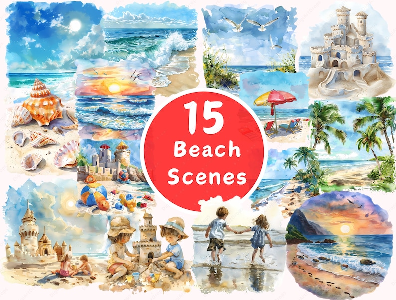 Sunny Beach Watercolor Clipart Bundle 15 PNG Sandcastles Seashells ...