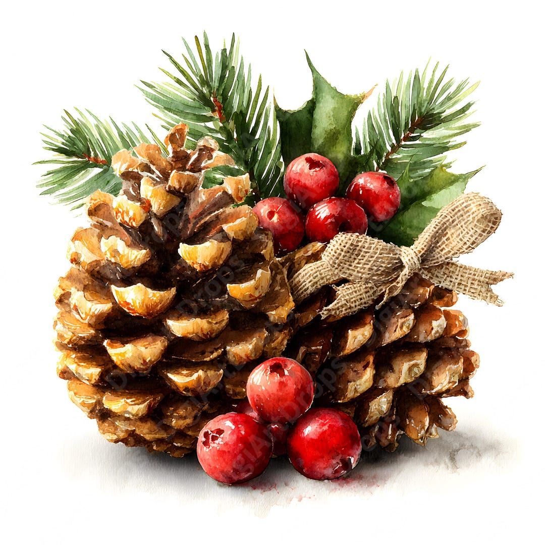 Christmas Pinecone Clipart - Watercolor Fir & Berry Bundle - Holiday ...