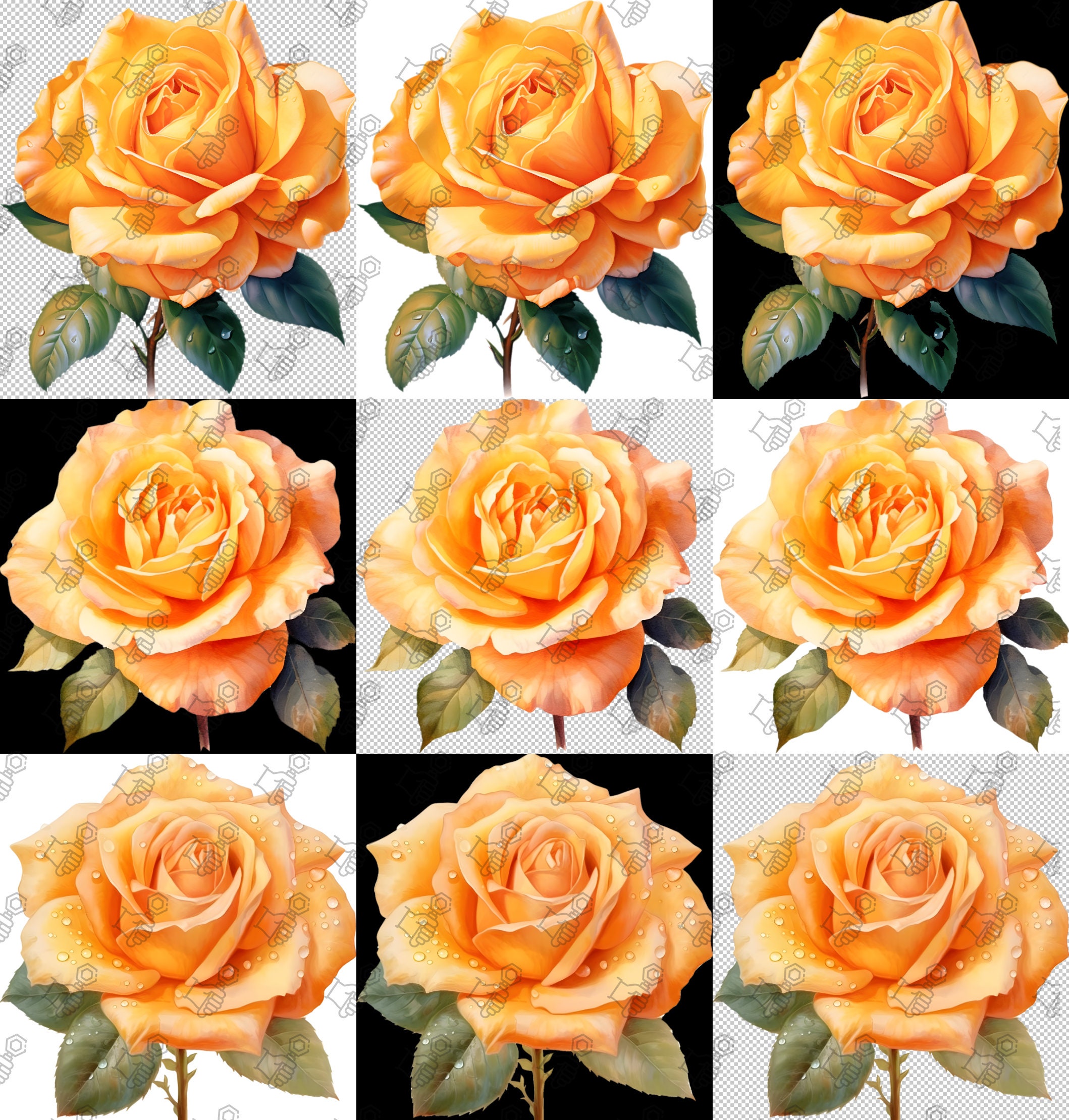 Watercolor Orange Roses Clipart: Commercial Use PNG Bundle (digital ...