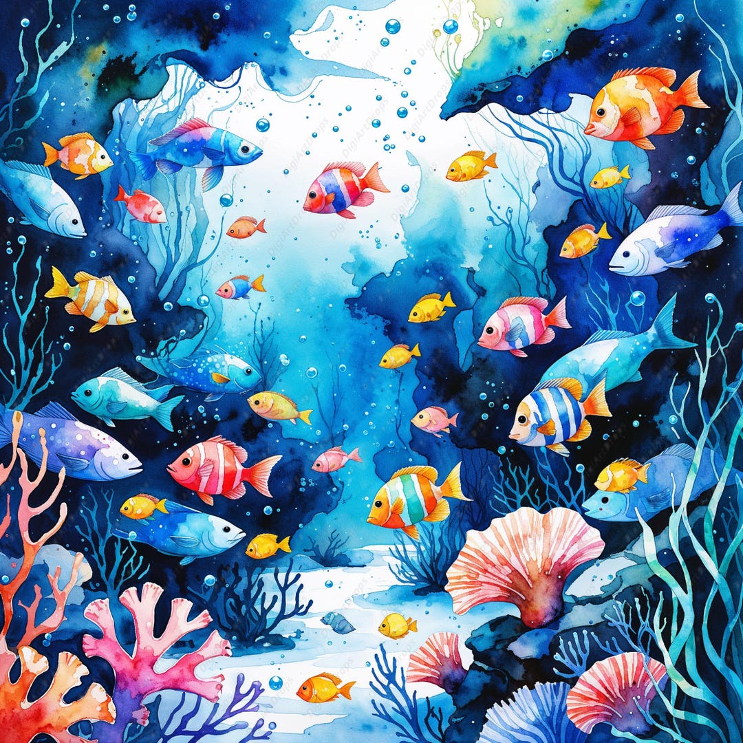Watercolor Ocean Life Clipart: Tropical Fish & Coral Reefs (digital ...