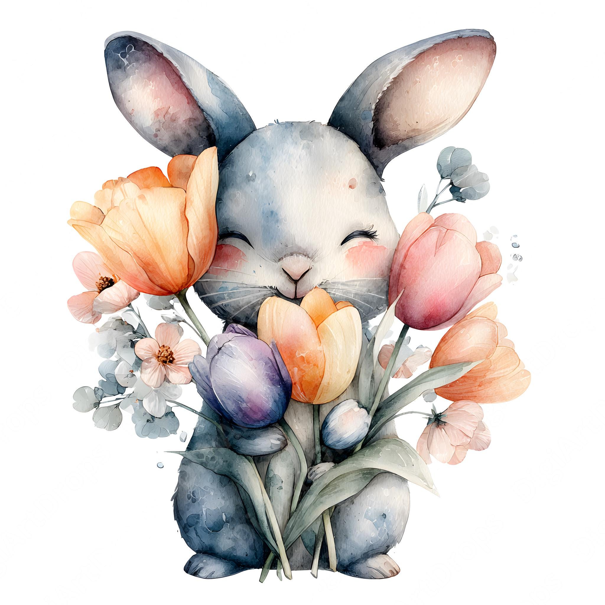 Bunny With Tulips Watercolor Clipart (digital Download) - Etsy