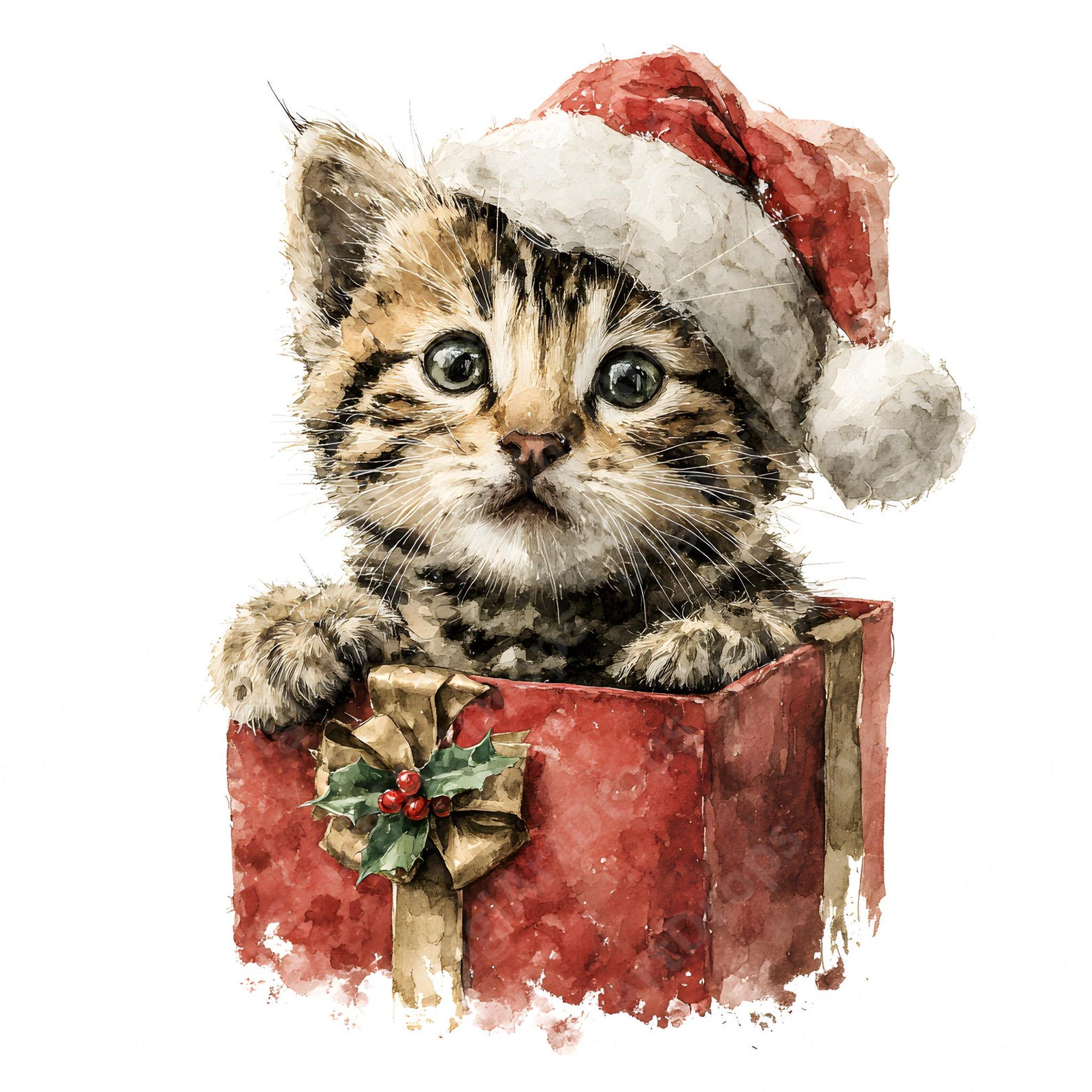Christmas Kitten Clipart: Watercolor Cat in Gift Box (digital Download ...