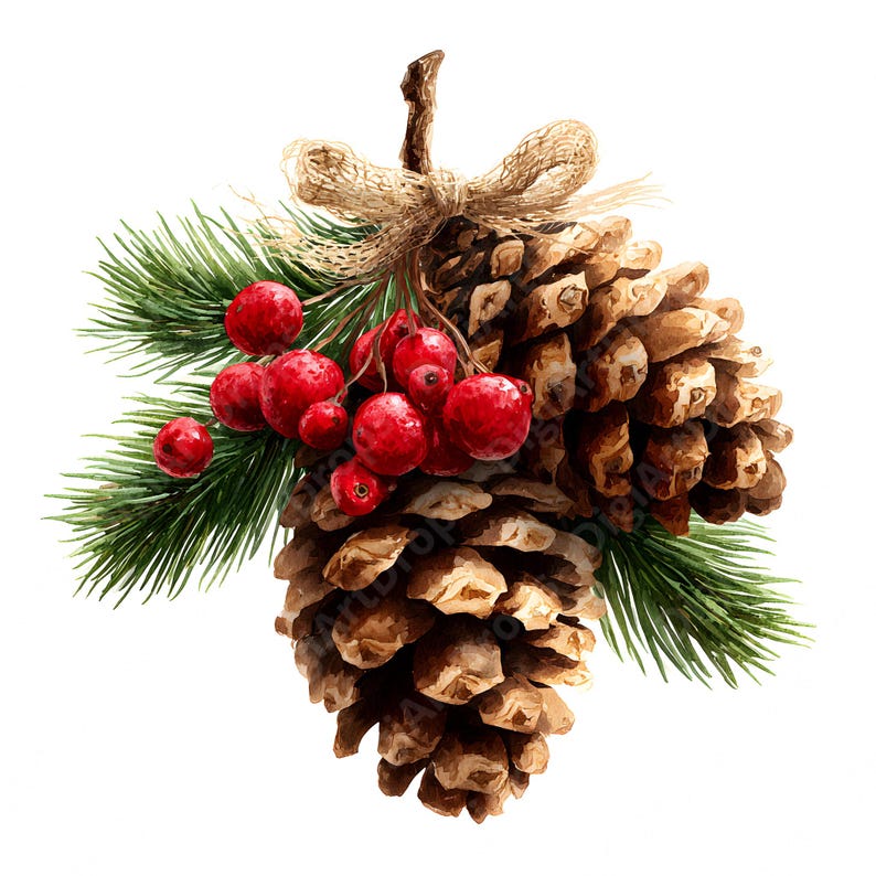 Christmas Pinecone Clipart - Watercolor Fir & Berry Bundle - Holiday ...