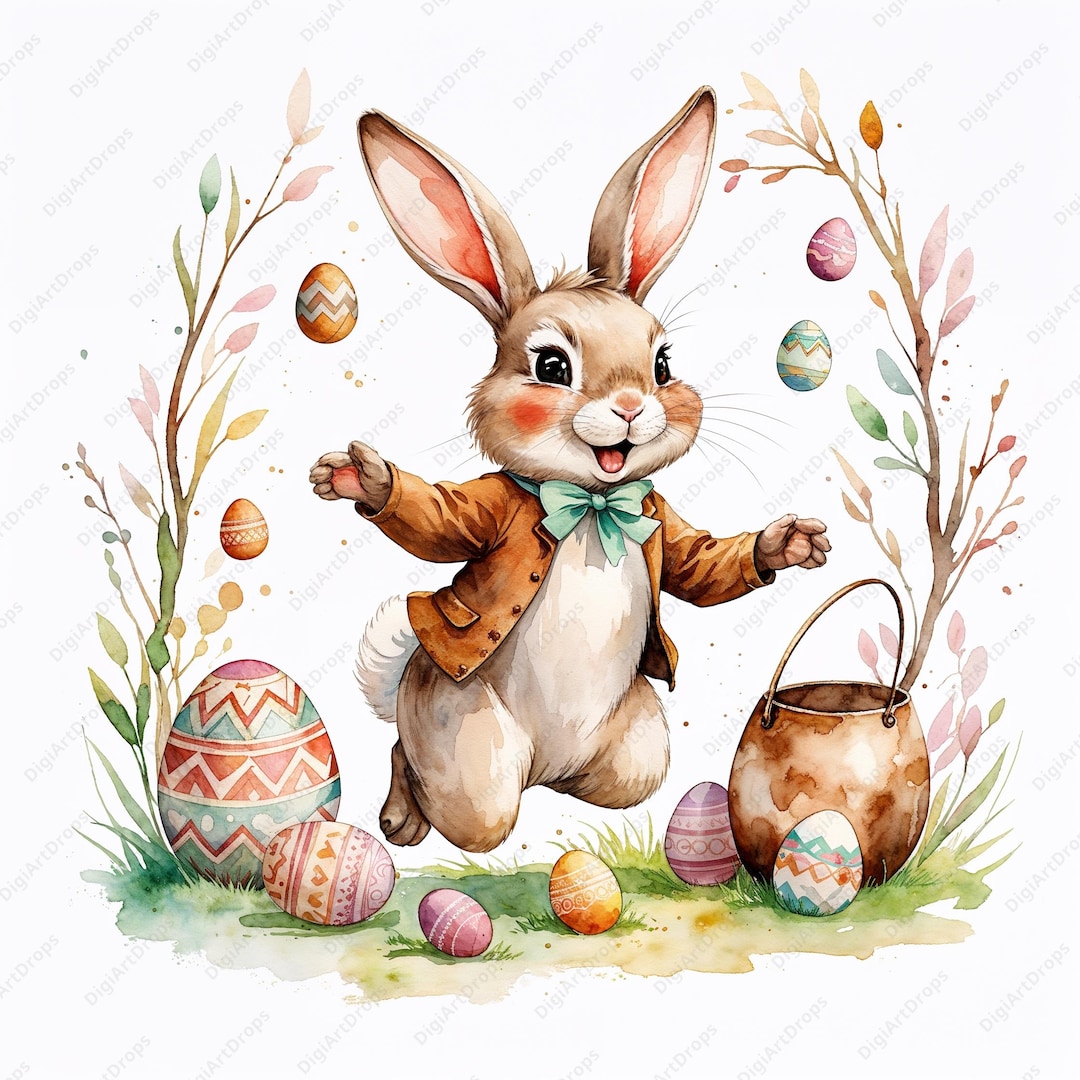 Retro Easter Bunny Clipart Set, Boho Egg Hunt, Spring Party Designs ...