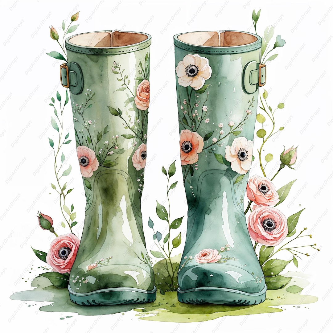 Rain Boots Clipart, Floral Boot Jpgs, Vintage Spring Art, Garden Decor ...