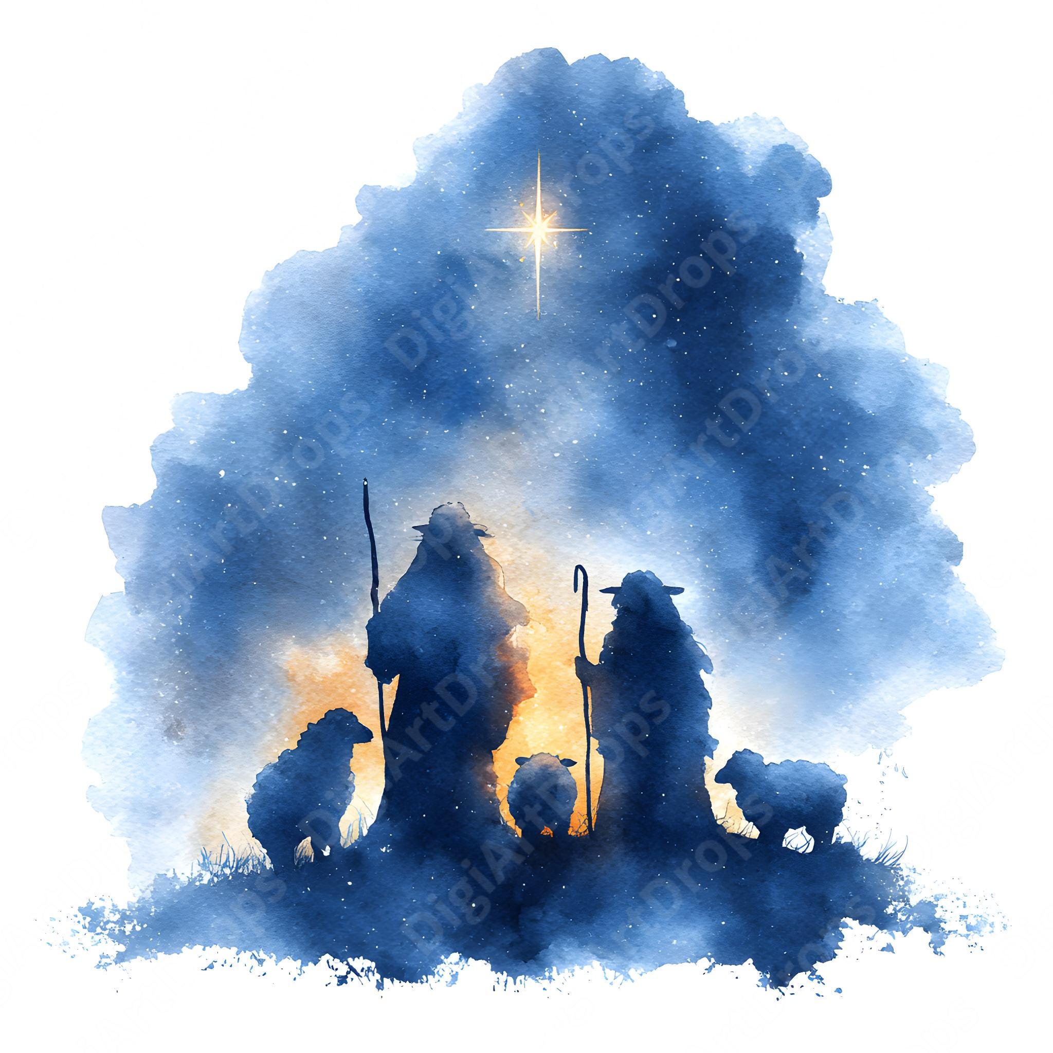 Nativity Shepherds Clipart - Watercolor Sheep Under Christmas Star ...