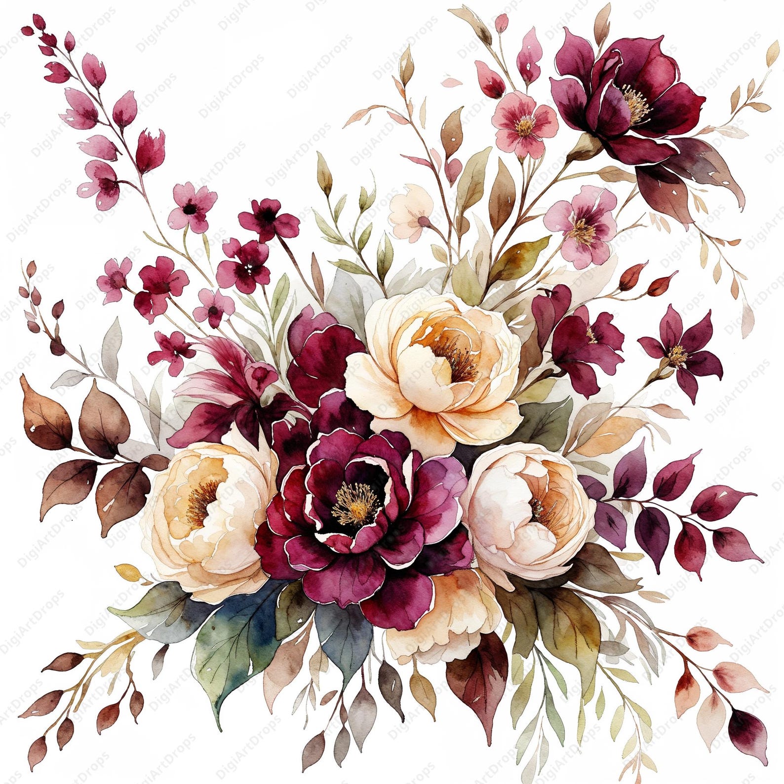Burgundy Cream Floral Clipart: Vintage Wedding Roses (10 Jpgs) - Etsy