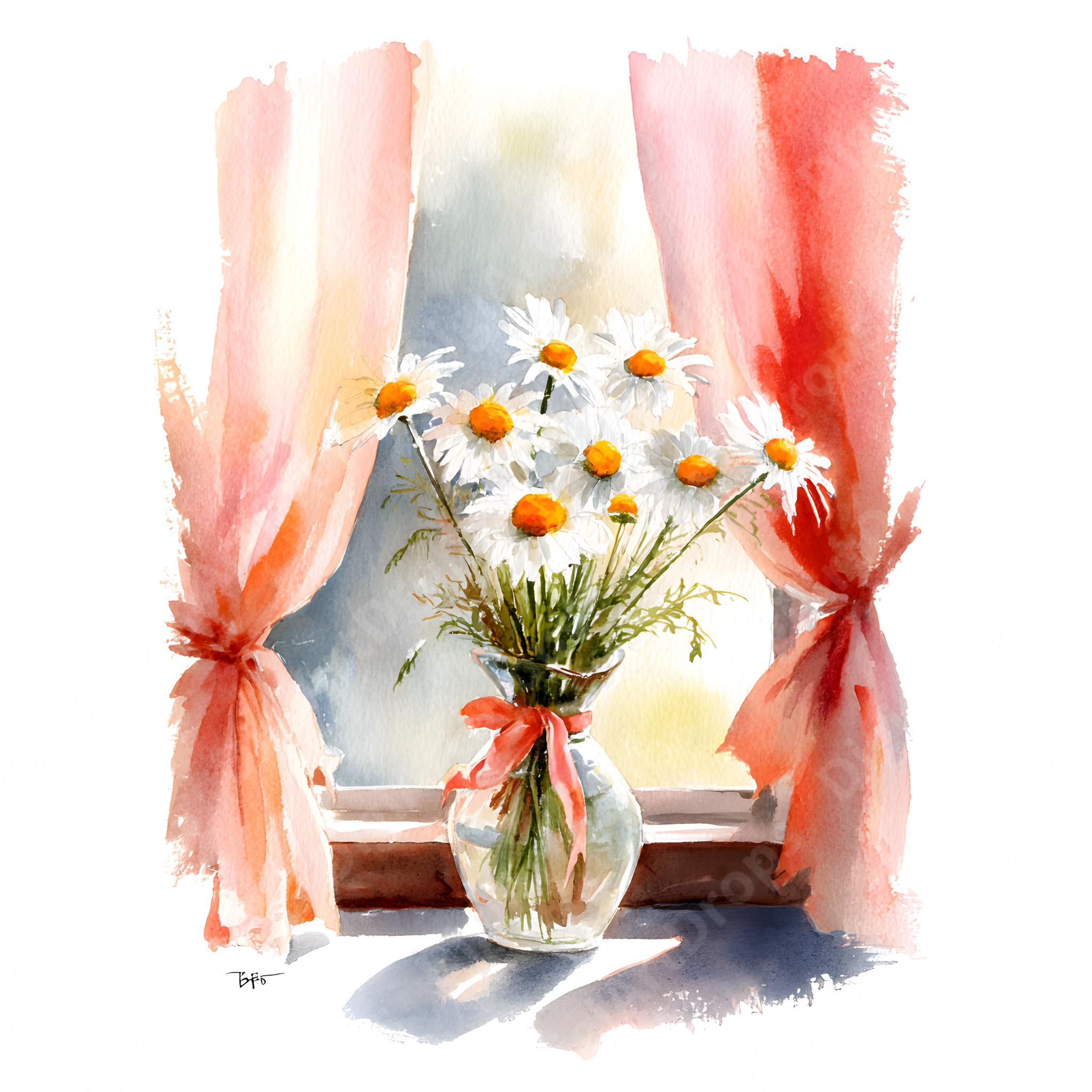 Coquette Window Clipart Set: Watercolor Daisies, Pastel Bow Curtains ...