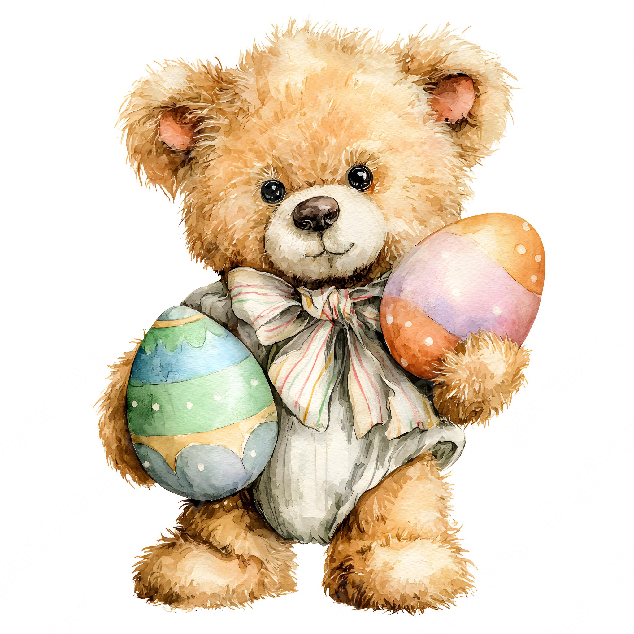 Watercolor Easter Teddy Bear Clipart, Pastel Easter Egg Illustration ...