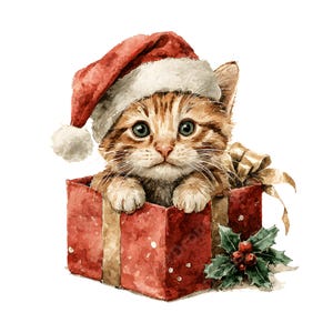 Christmas Kitten Clipart: Watercolor Cat in Gift Box (digital Download ...
