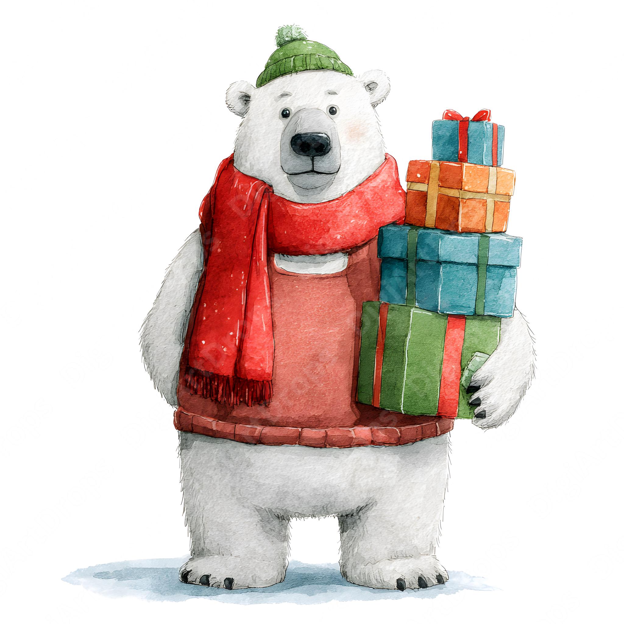 Watercolor Polar Bear Christmas Clipart: Santa's Helper (digital ...