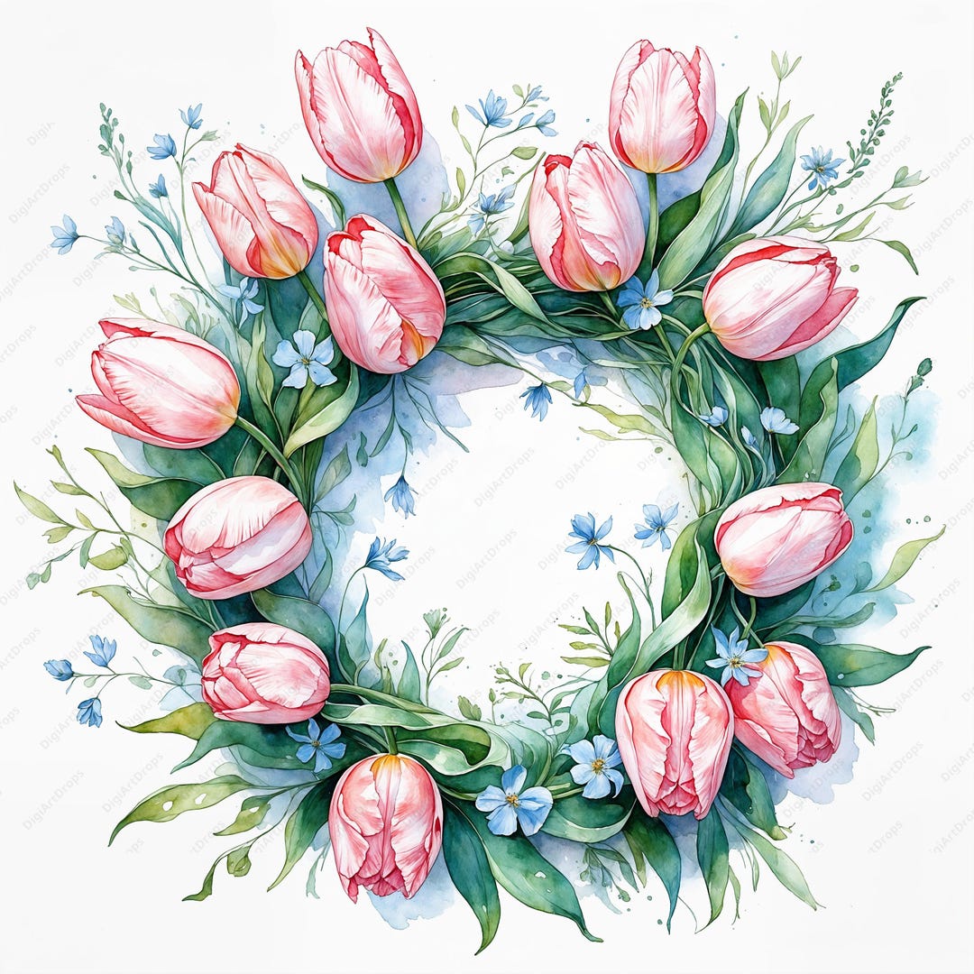Watercolor Tulip Wreath Clipart: Soft Pink Floral Design (digital ...