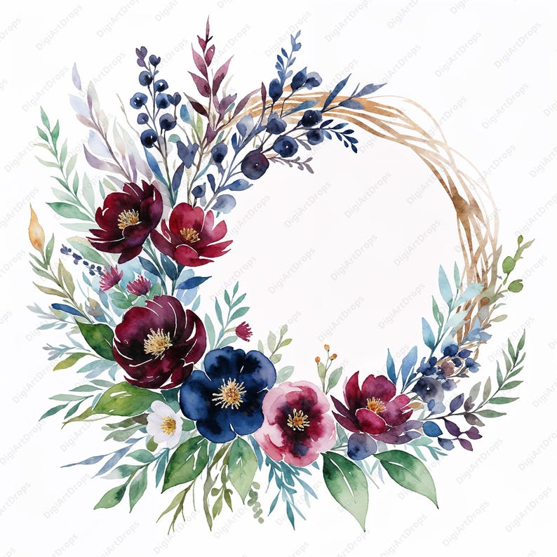 Watercolor Floral Clipart Blue Burgundy 10 Jpgs - Elegant Circular ...