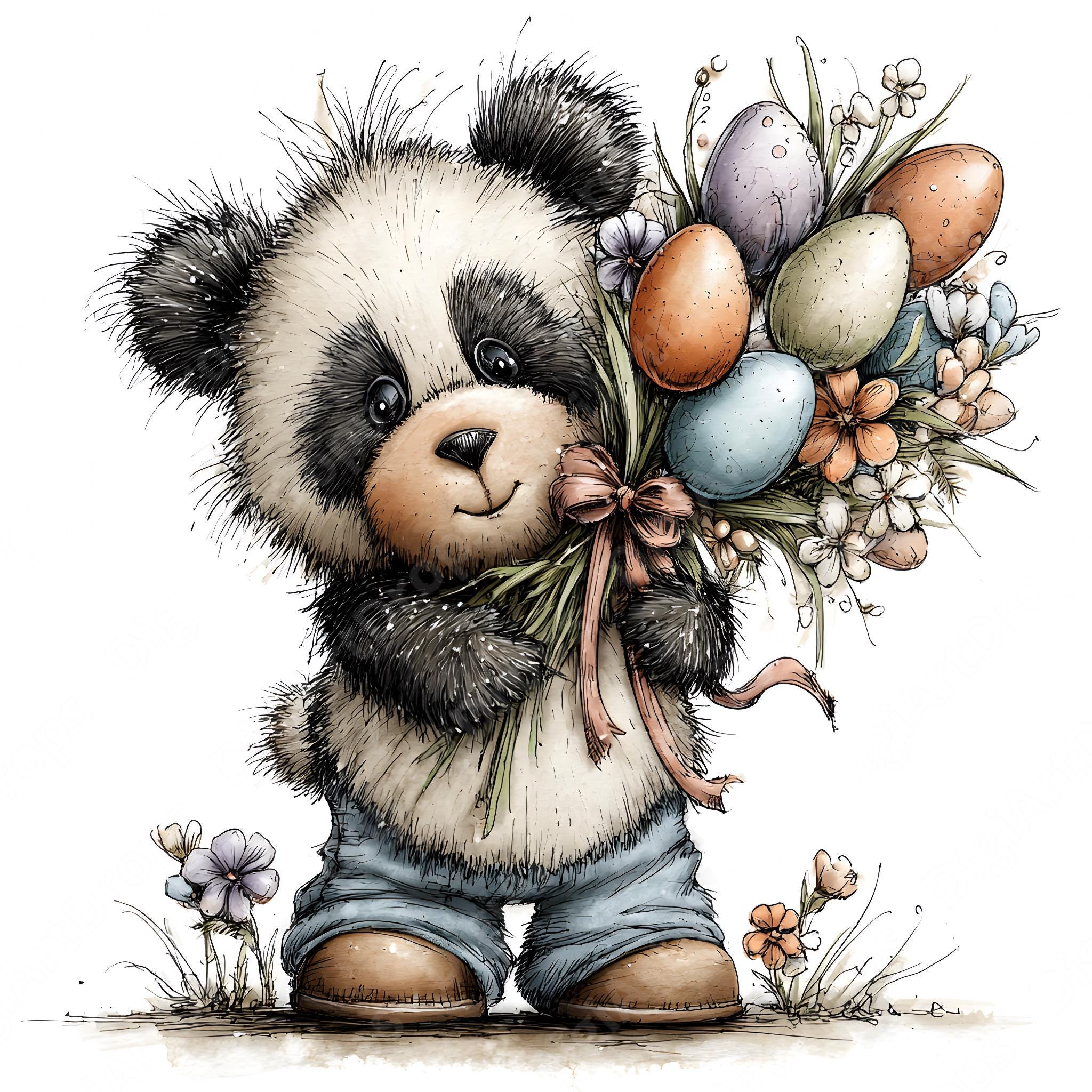 Whimsical Easter Panda Clipart, Pastel Watercolor Nursery Art (digital ...
