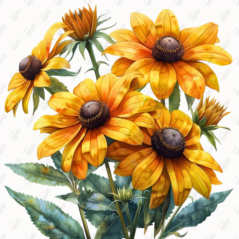 Black-eyed Susan Watercolor Clipart: Floral Invitation Graphics (JPG ...