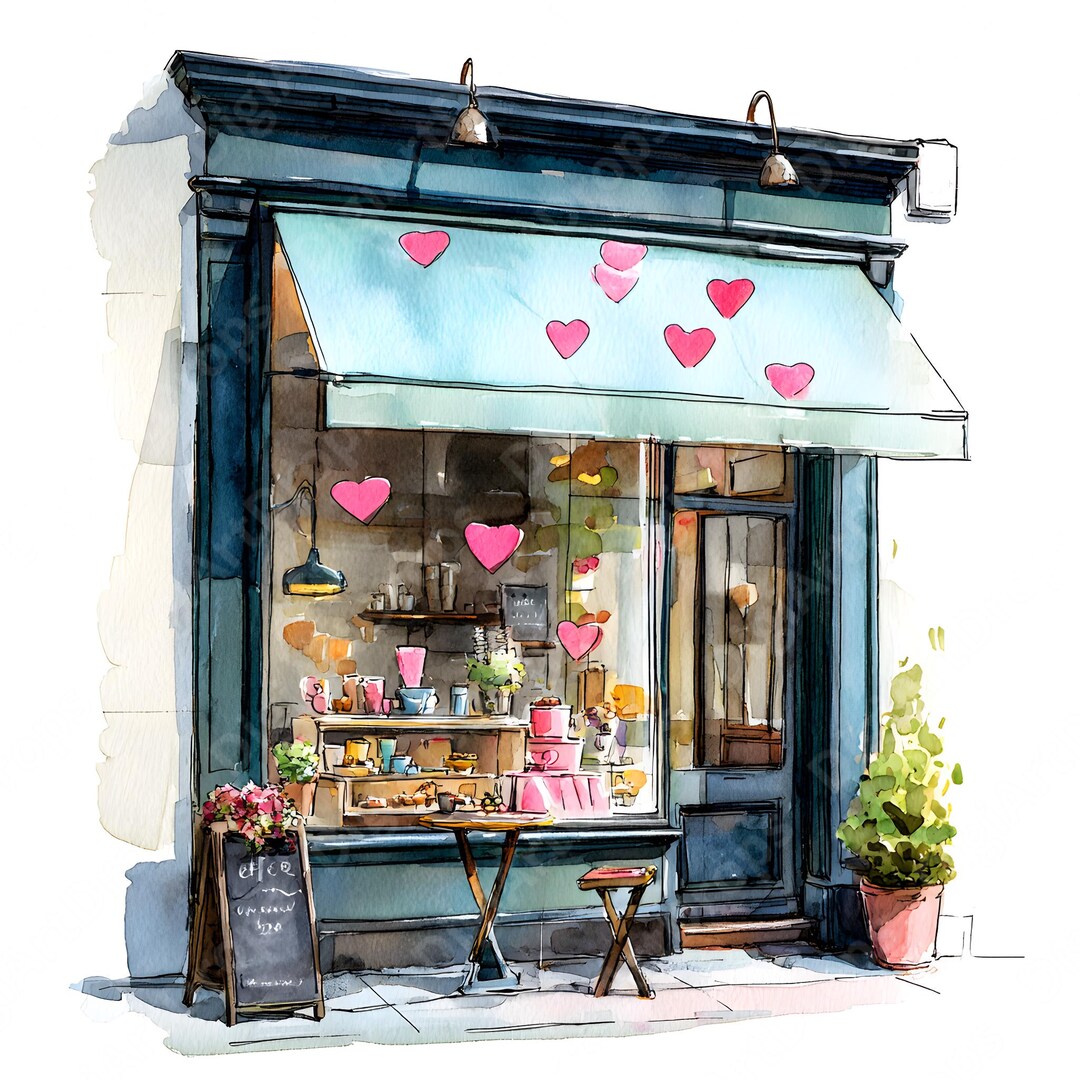 Valentine Coffee Shop Window Clipart: Watercolor Pink Hearts, White ...