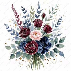 Burgundy Rose Bouquet Watercolor Clipart: Elegant Fall Wedding ...