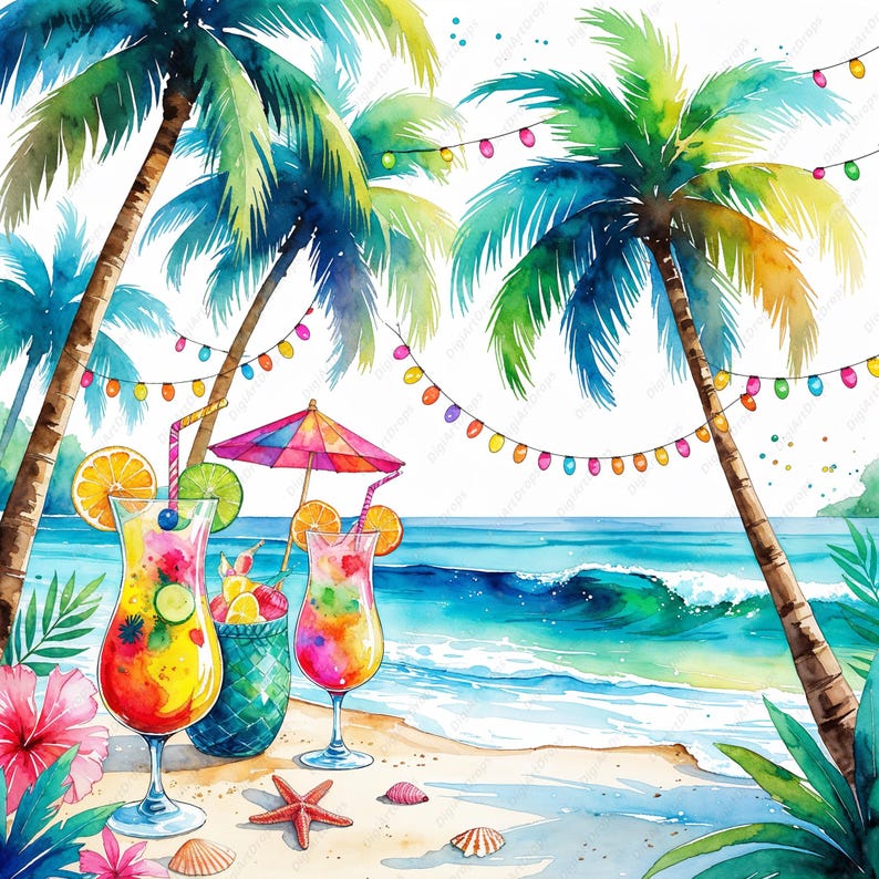 Tropical Watercolor Beach Party Clipart, Palm Trees & Colorful Drinks ...