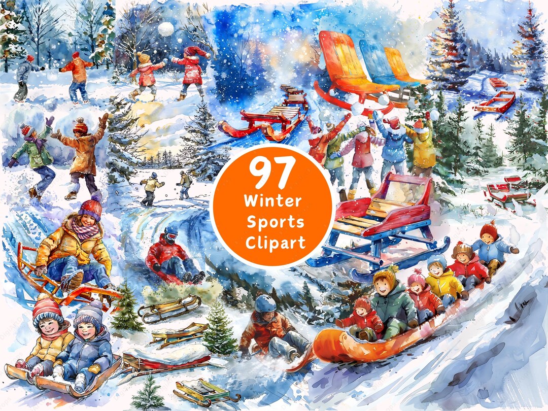 Snow Fun Clipart Bundle Winter Sports Sledding Snowball Fights ...