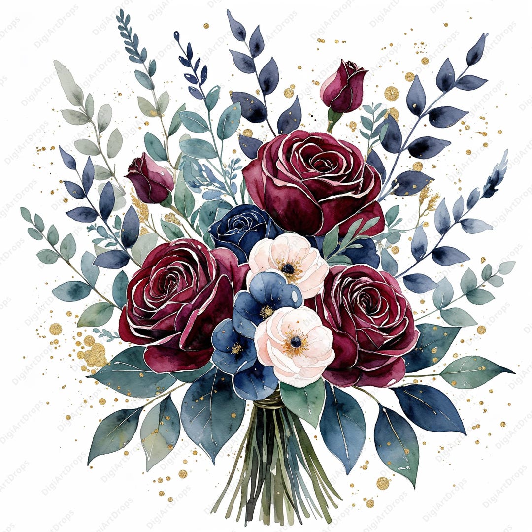Burgundy Rose Bouquet Watercolor Clipart: Elegant Fall Wedding ...