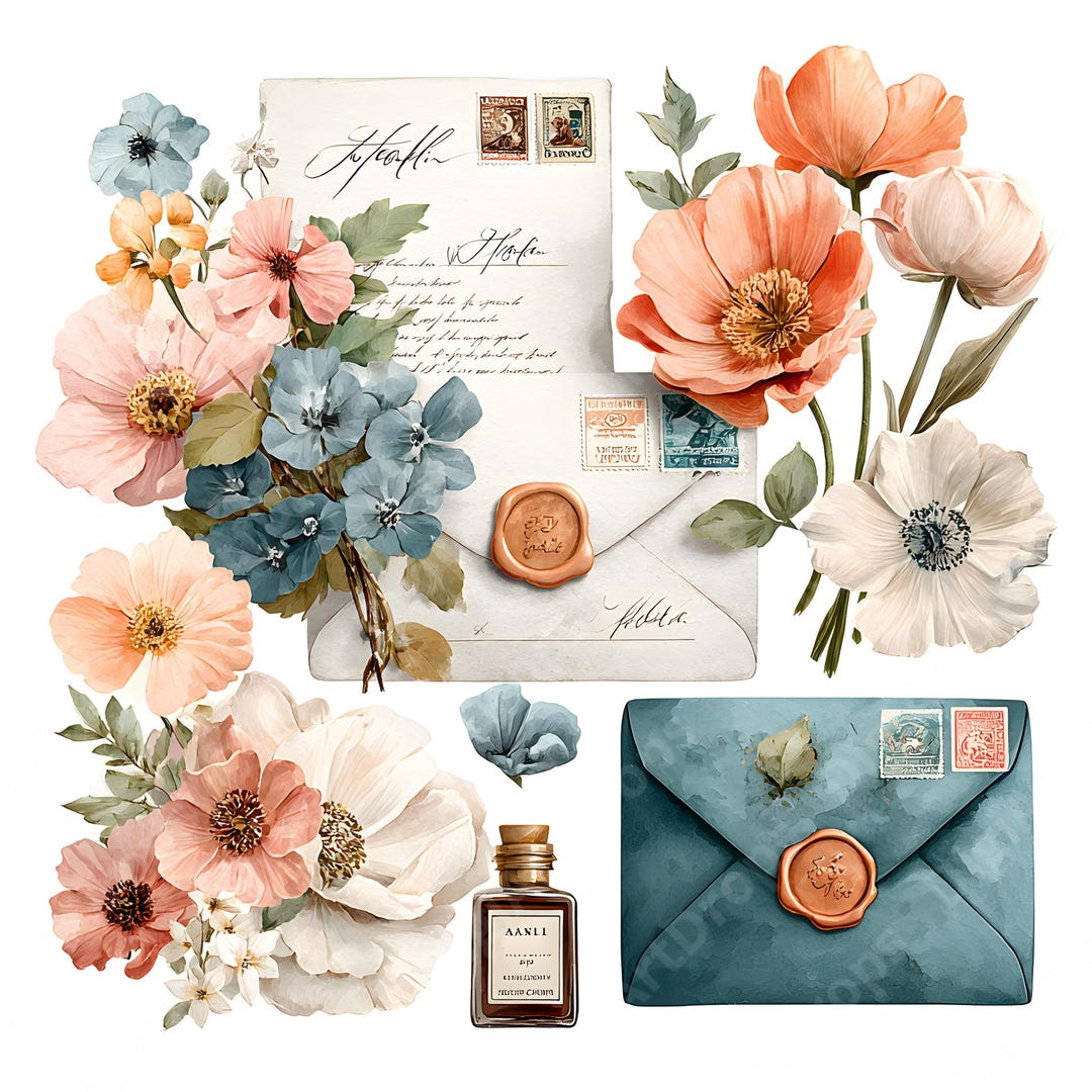 Vintage Floral Letter Ephemera Clipart: Watercolor Pastel Junk Journal ...