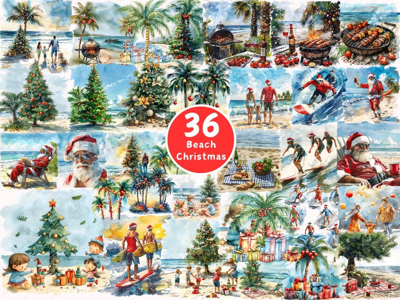 Beach Christmas Clipart Bundle: Santa Surfing, Tropical Holiday (PNG ...