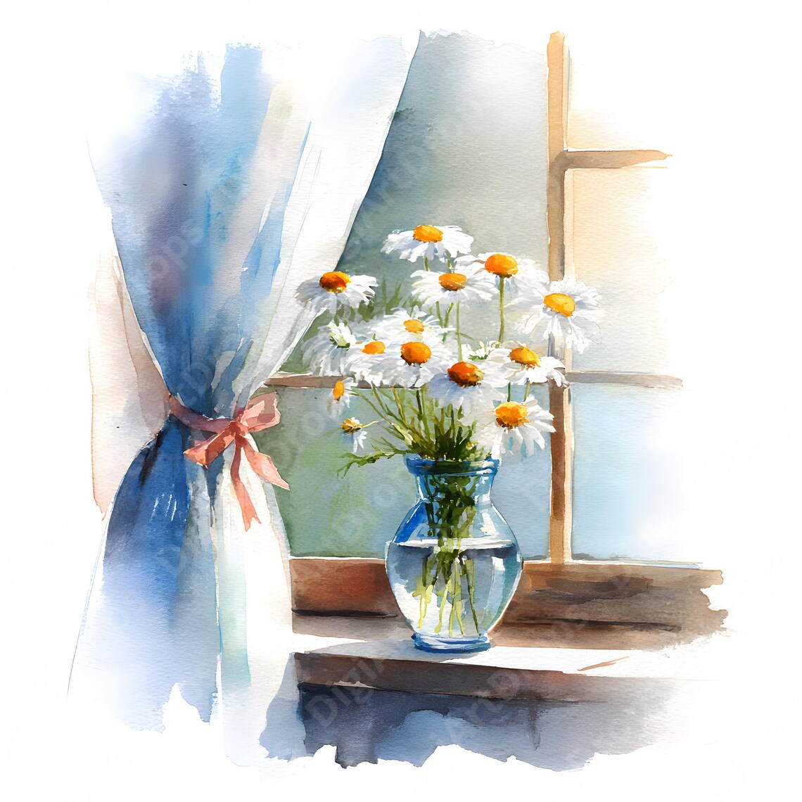 Coquette Window Clipart Set: Watercolor Daisies, Pastel Bow Curtains ...