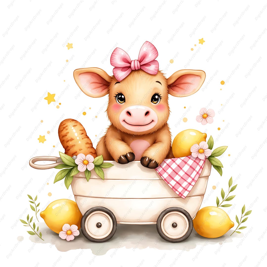 Baby Highland Cow Clipart Jpgs, Pink Bow, Lemonade Cart, Instant ...