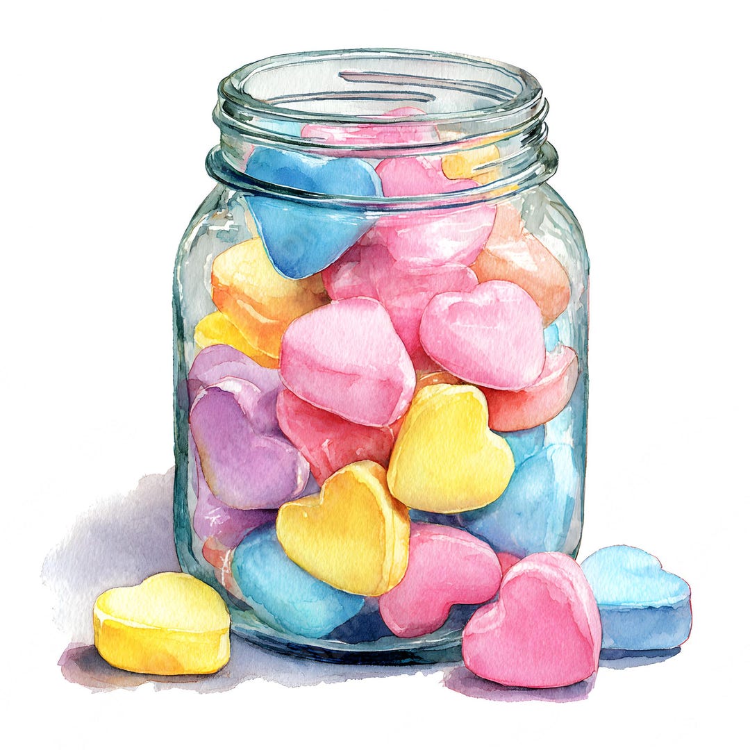 Watercolor Candy Hearts Jar Clipart – Valentine's Graphics (digital ...