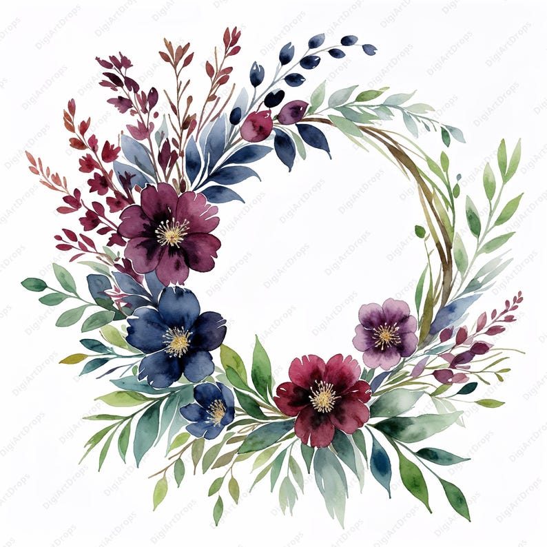 Watercolor Floral Clipart Blue Burgundy 10 Jpgs - Elegant Circular ...
