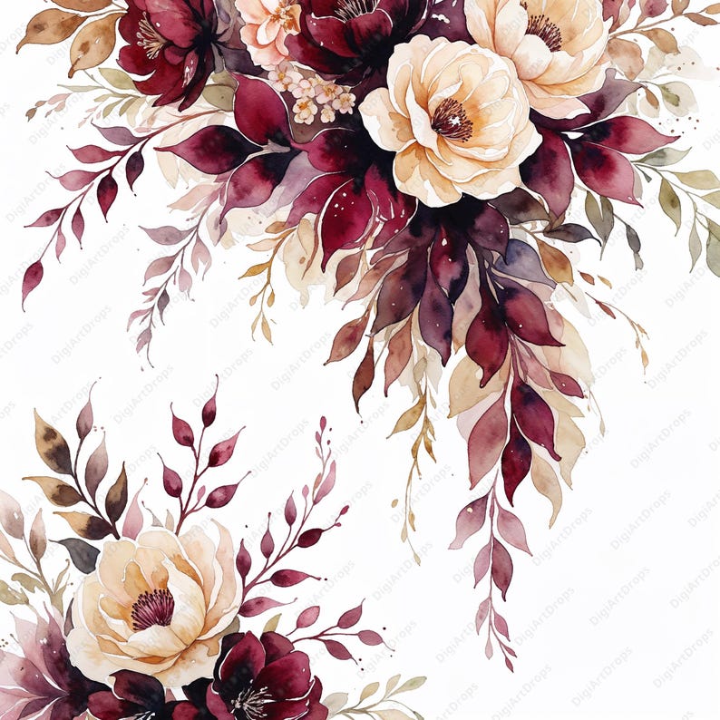 Burgundy Cream Floral Clipart: Vintage Wedding Roses (10 Jpgs) - Etsy